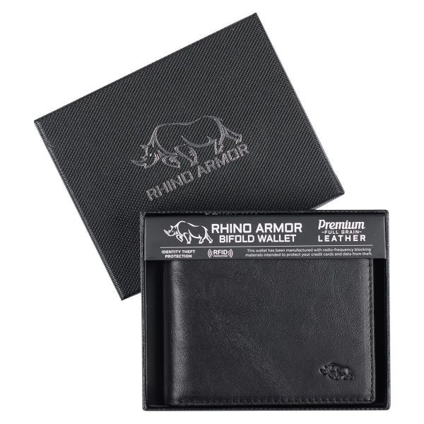 Wallets:- Full Grain Cowhide Leather Bifold Wallet With Rfid - Rhino Armor™
